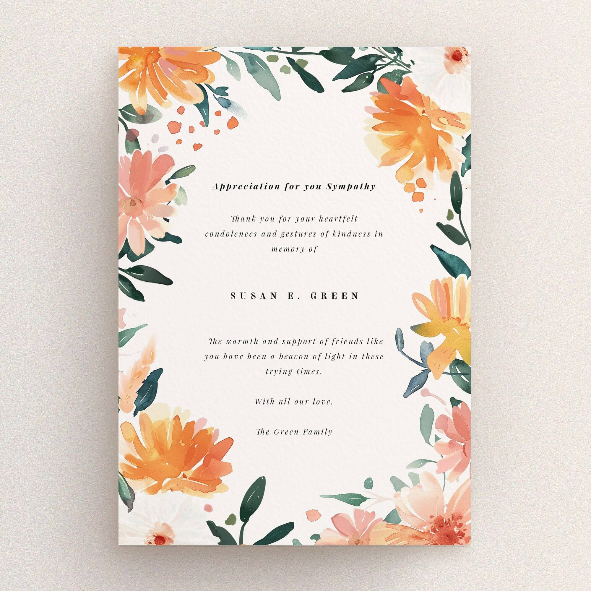 Floral Frame Appreciation in Funeral Thank you Cards