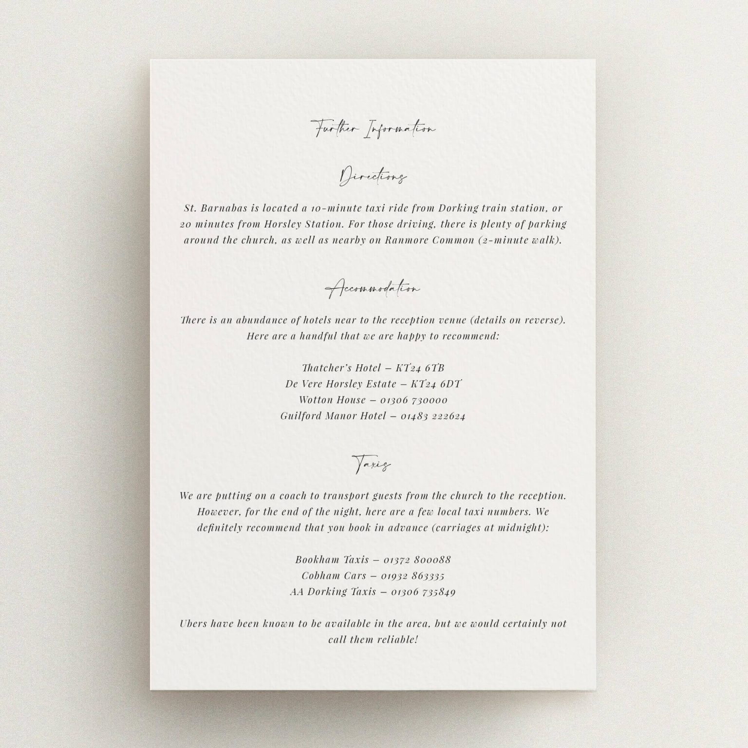 Fitzrovia Script in Wedding Information Insert Sheets