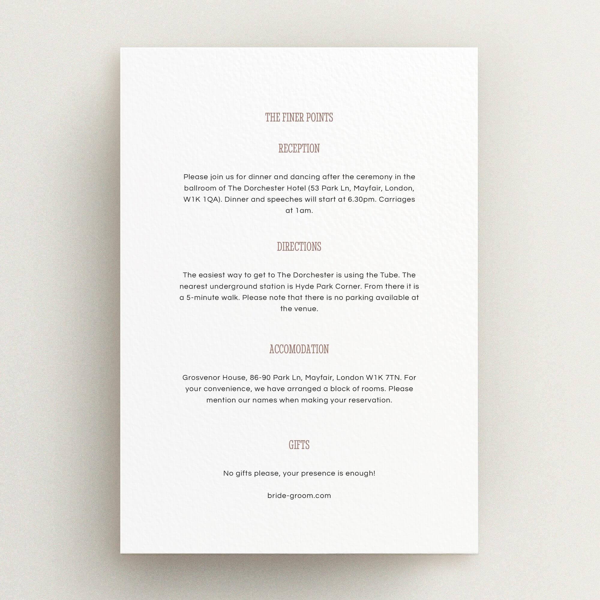 Fill the space in Wedding Information Insert Sheets