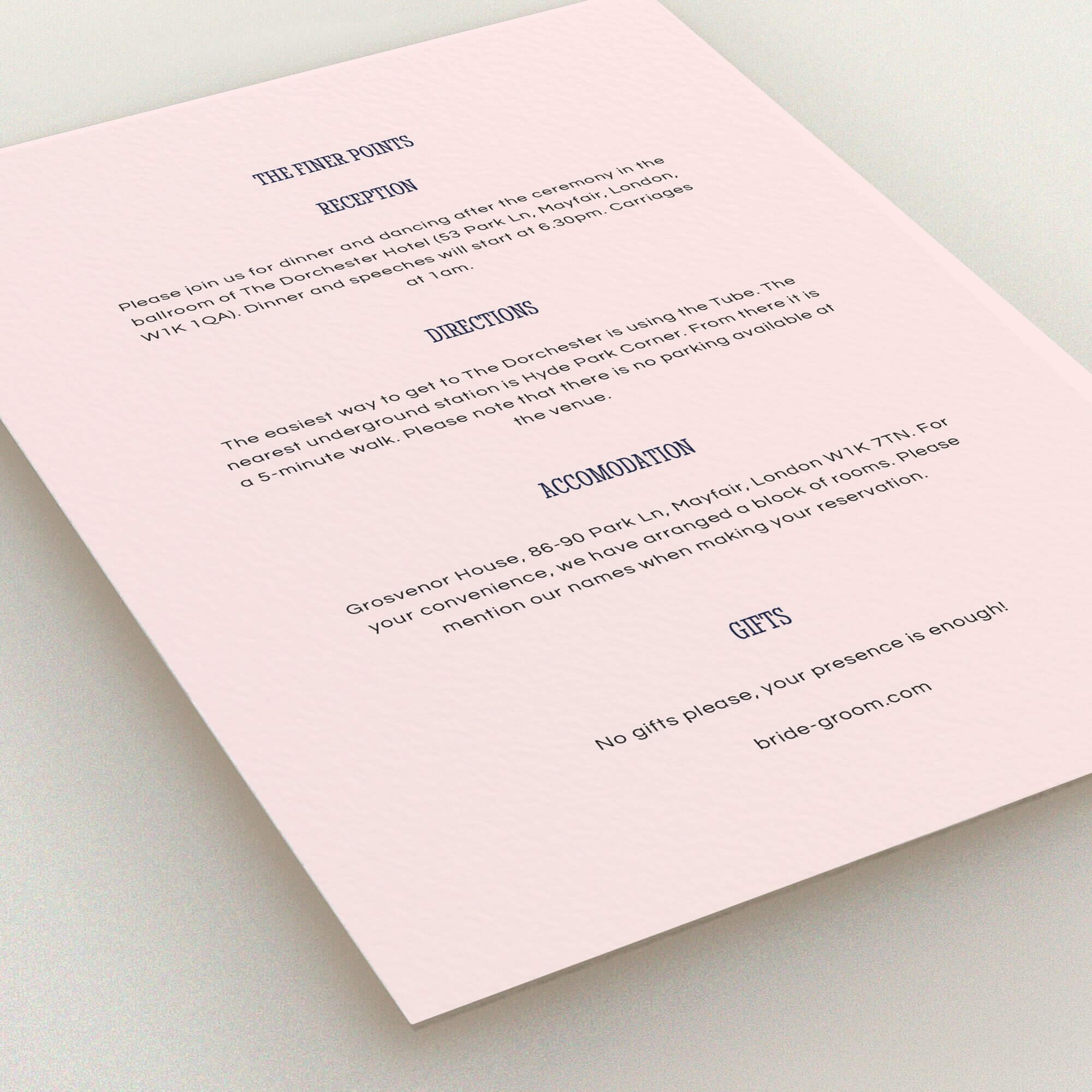 Fill the space in Wedding Information Insert Sheets