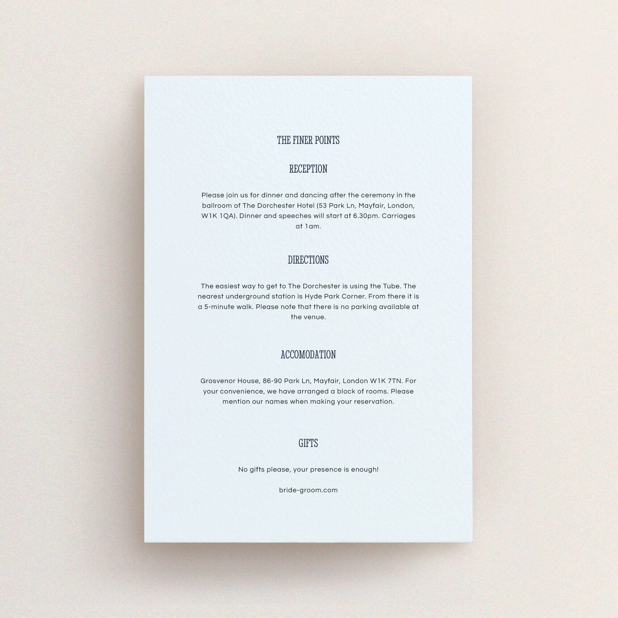 Fill the space in Wedding Information Insert Sheets