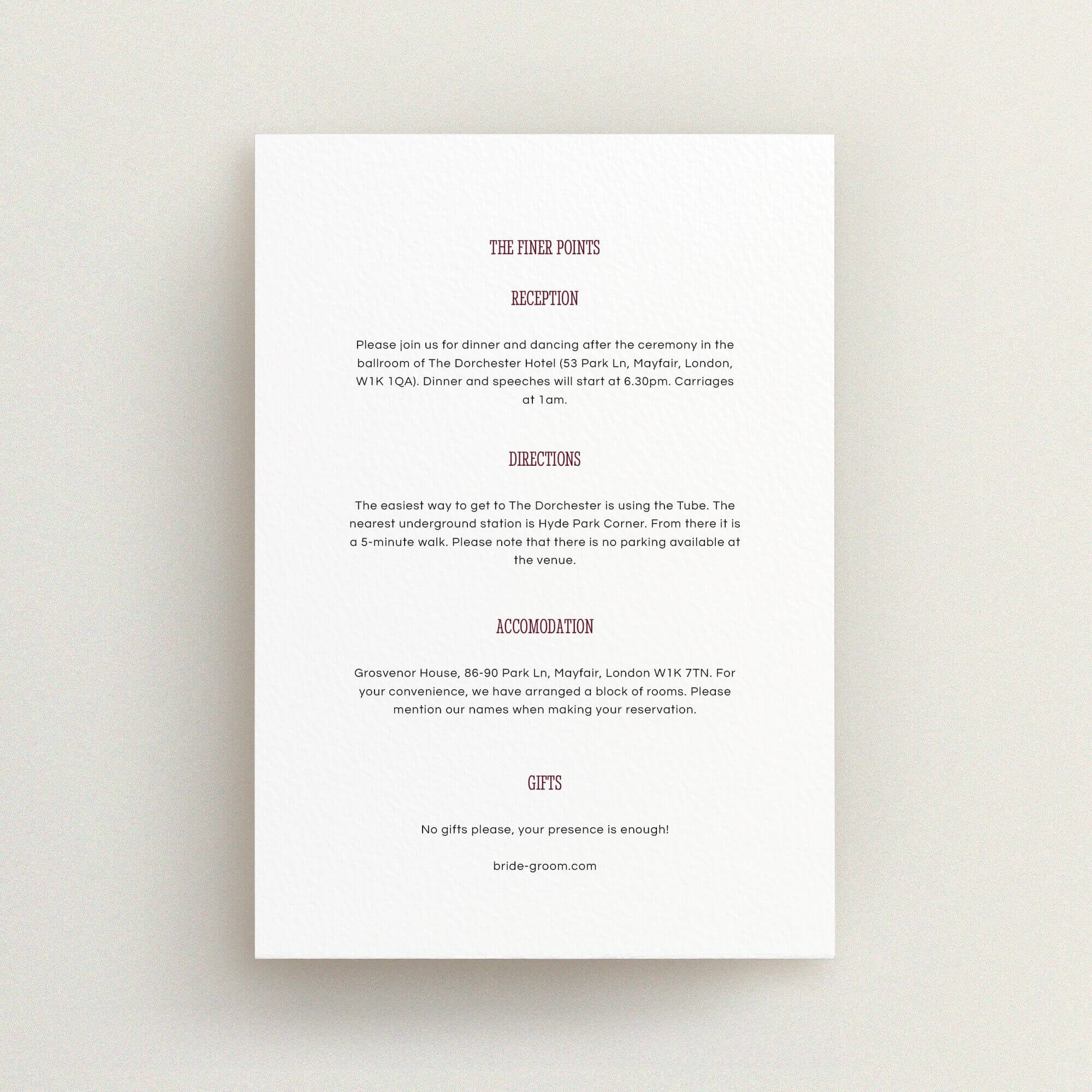 Fill the space in Wedding Information Insert Sheets