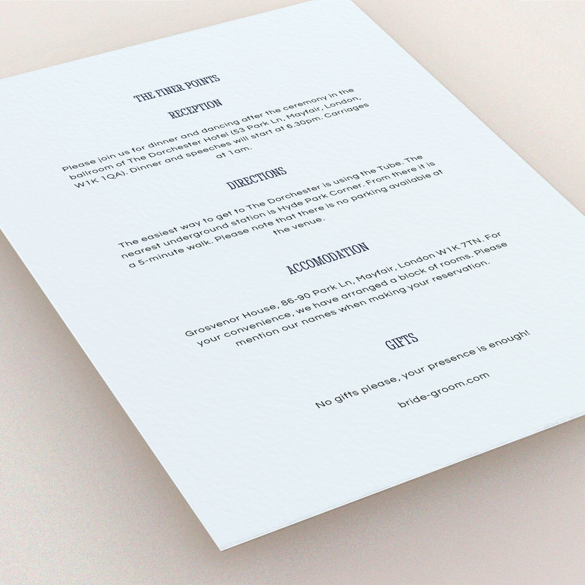 Fill the space in Wedding Information Insert Sheets