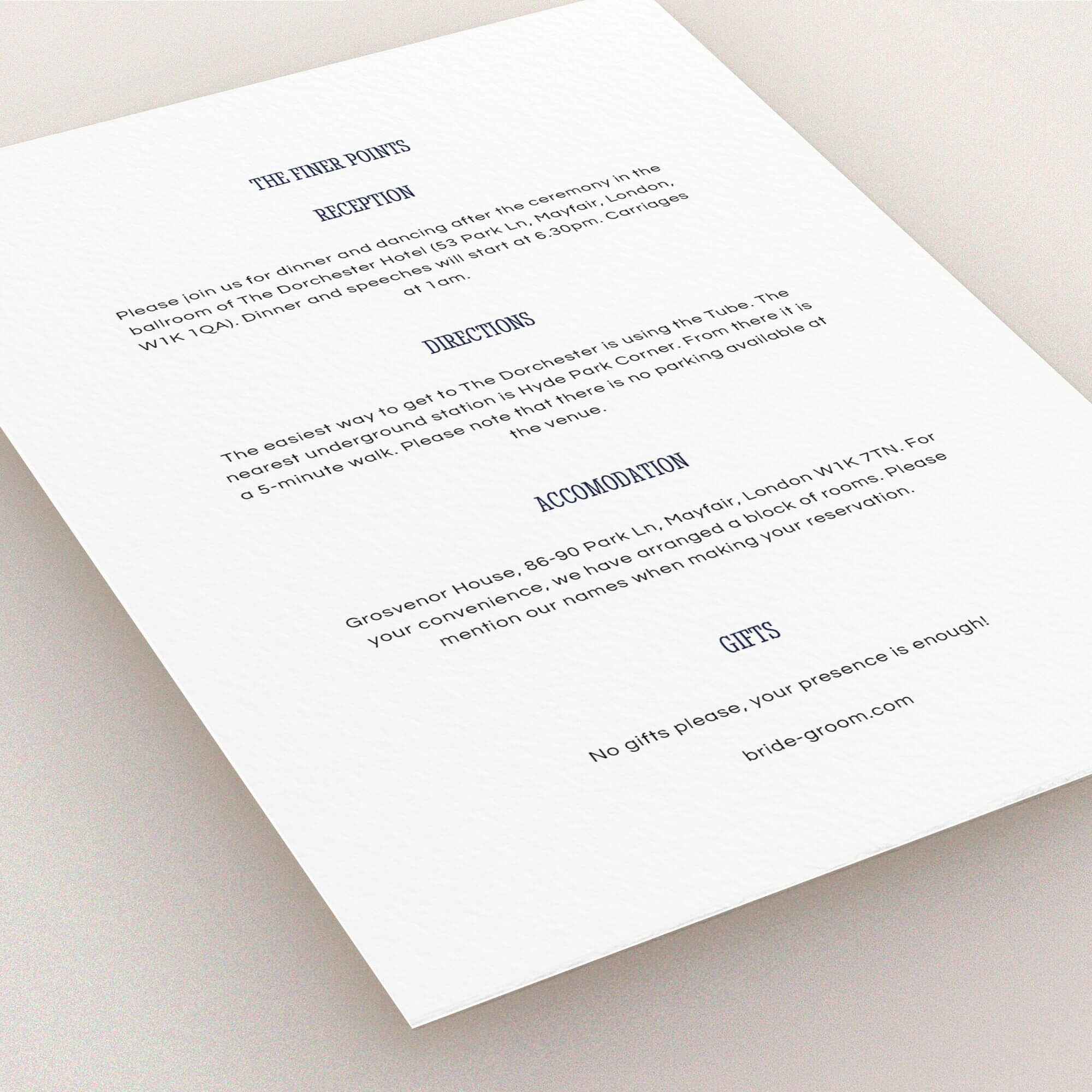 Fill the space in Wedding Information Insert Sheets