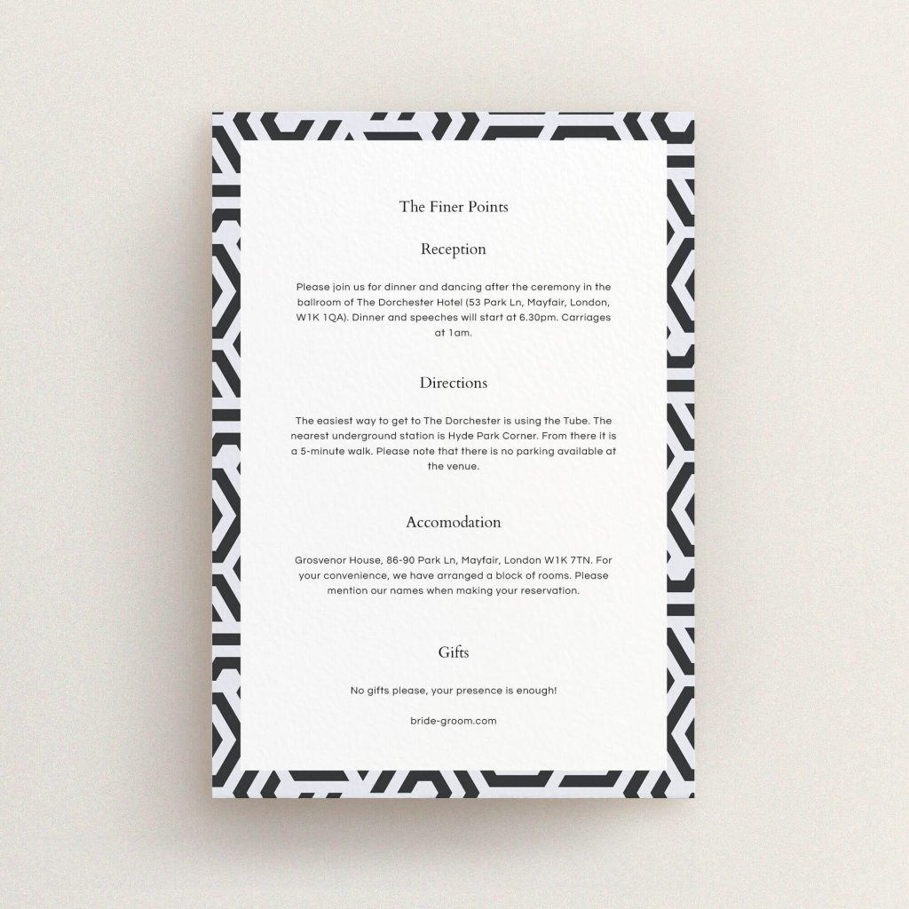 Geometric corners in Wedding Information Insert Sheets