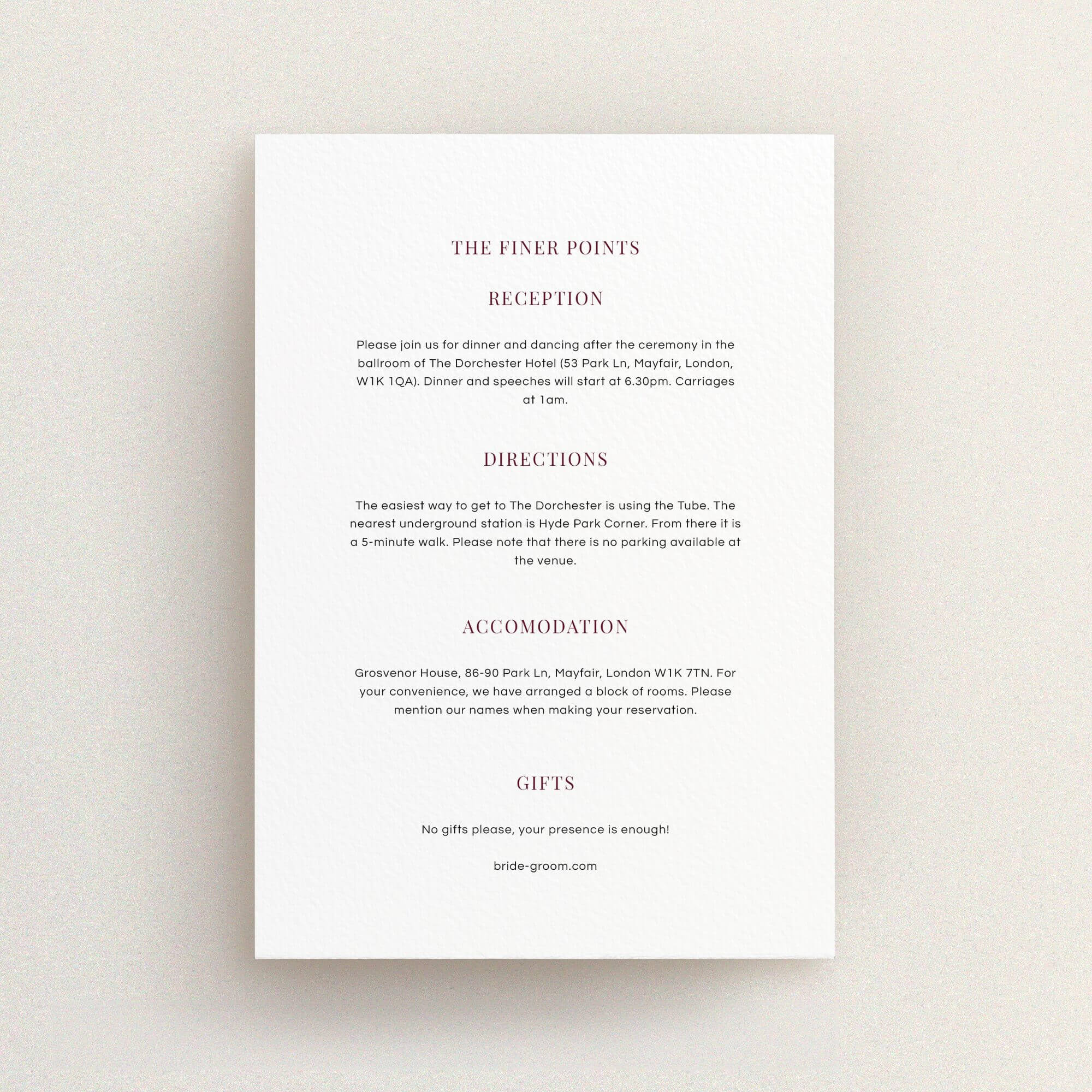 Initials here in Wedding Information Insert Sheets