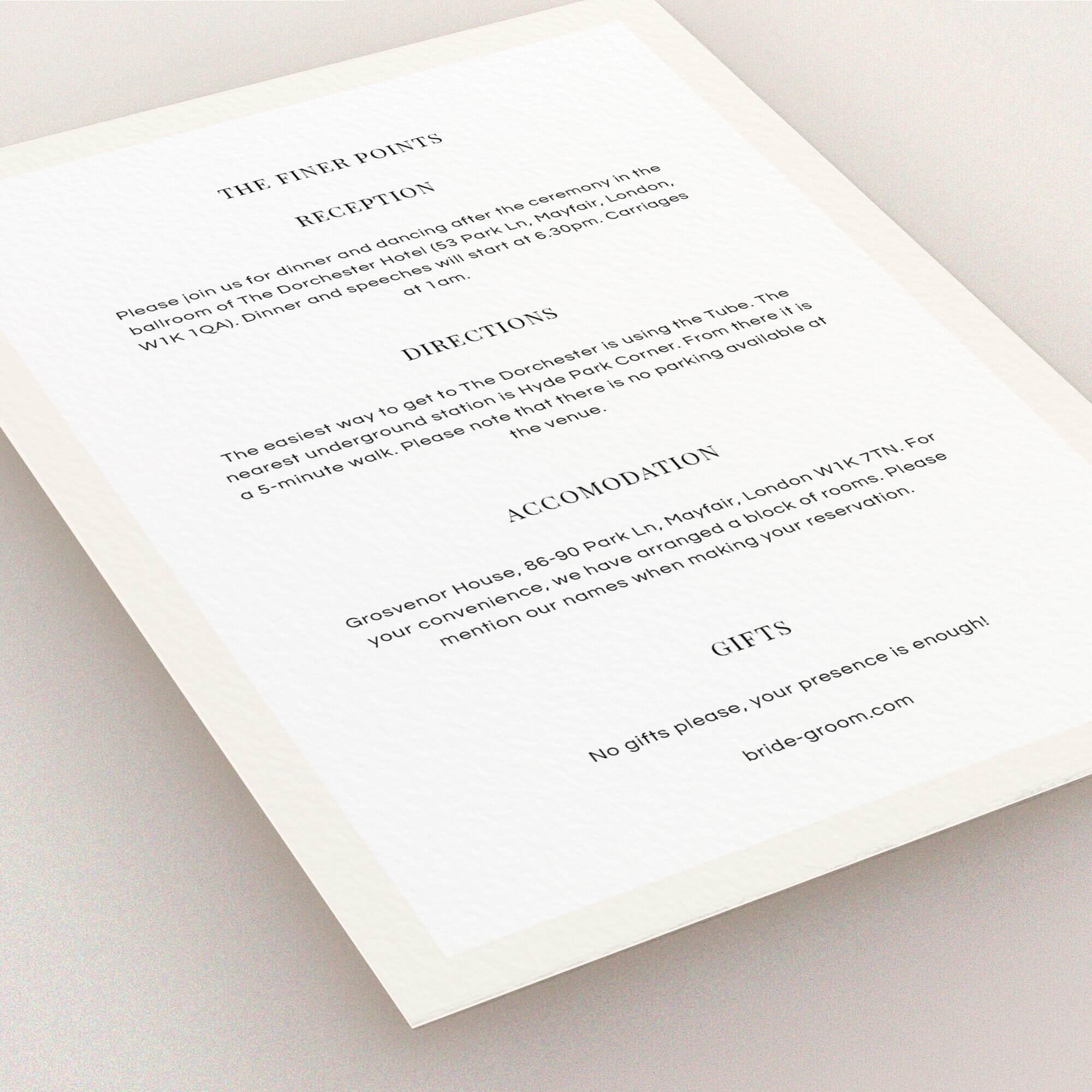 Roses on the corner in Wedding Information Insert Sheets