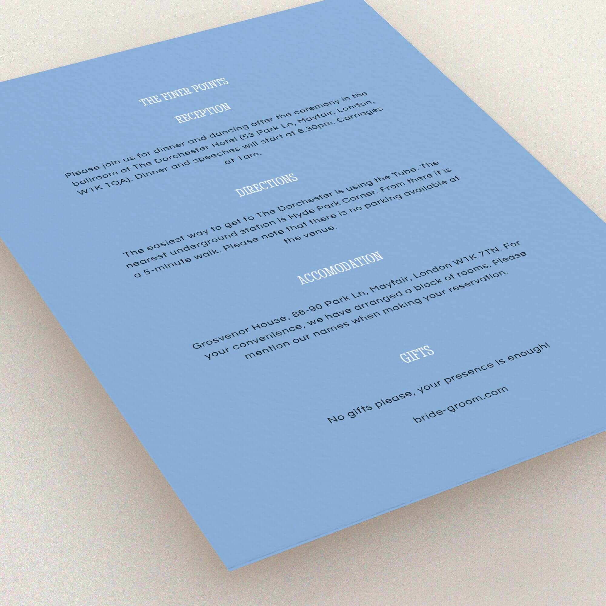 Fill the space in Wedding Information Insert Sheets