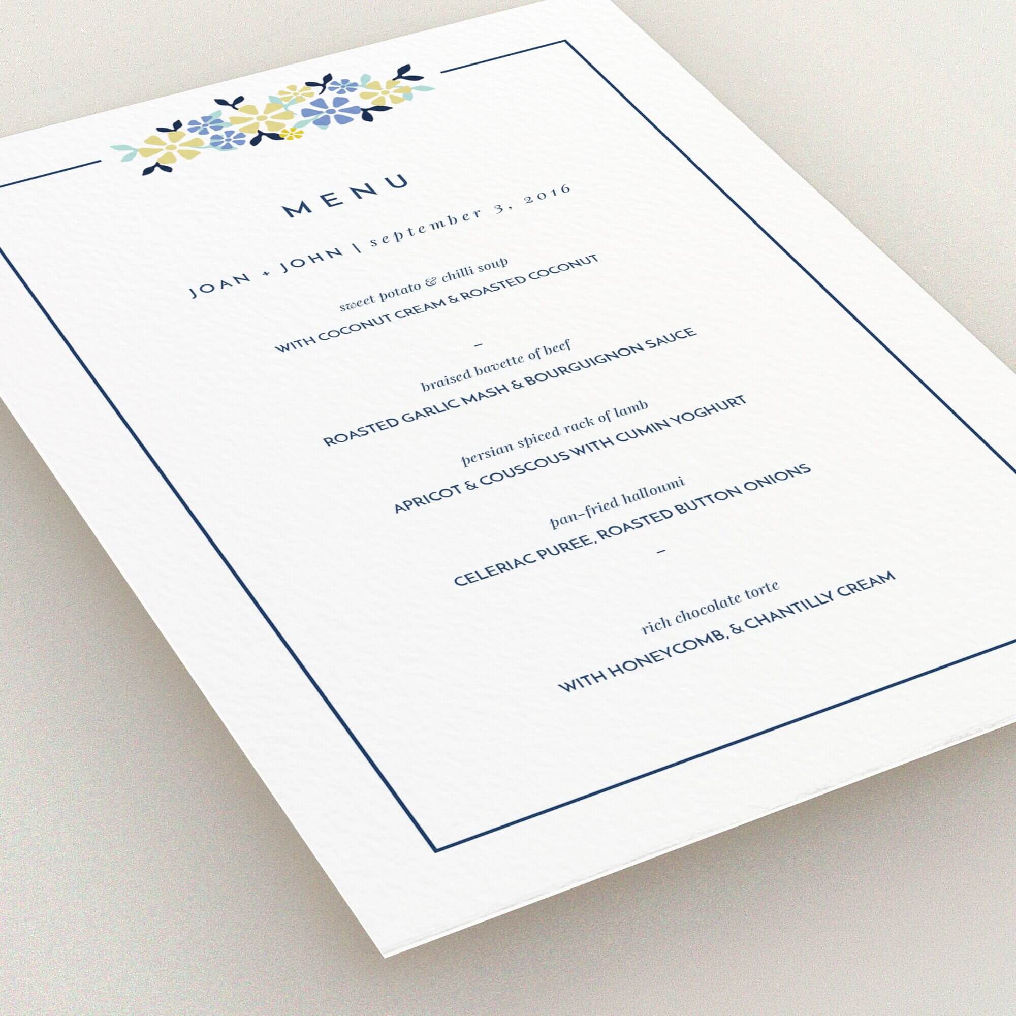 In a border of flowers in Wedding Menu Cards