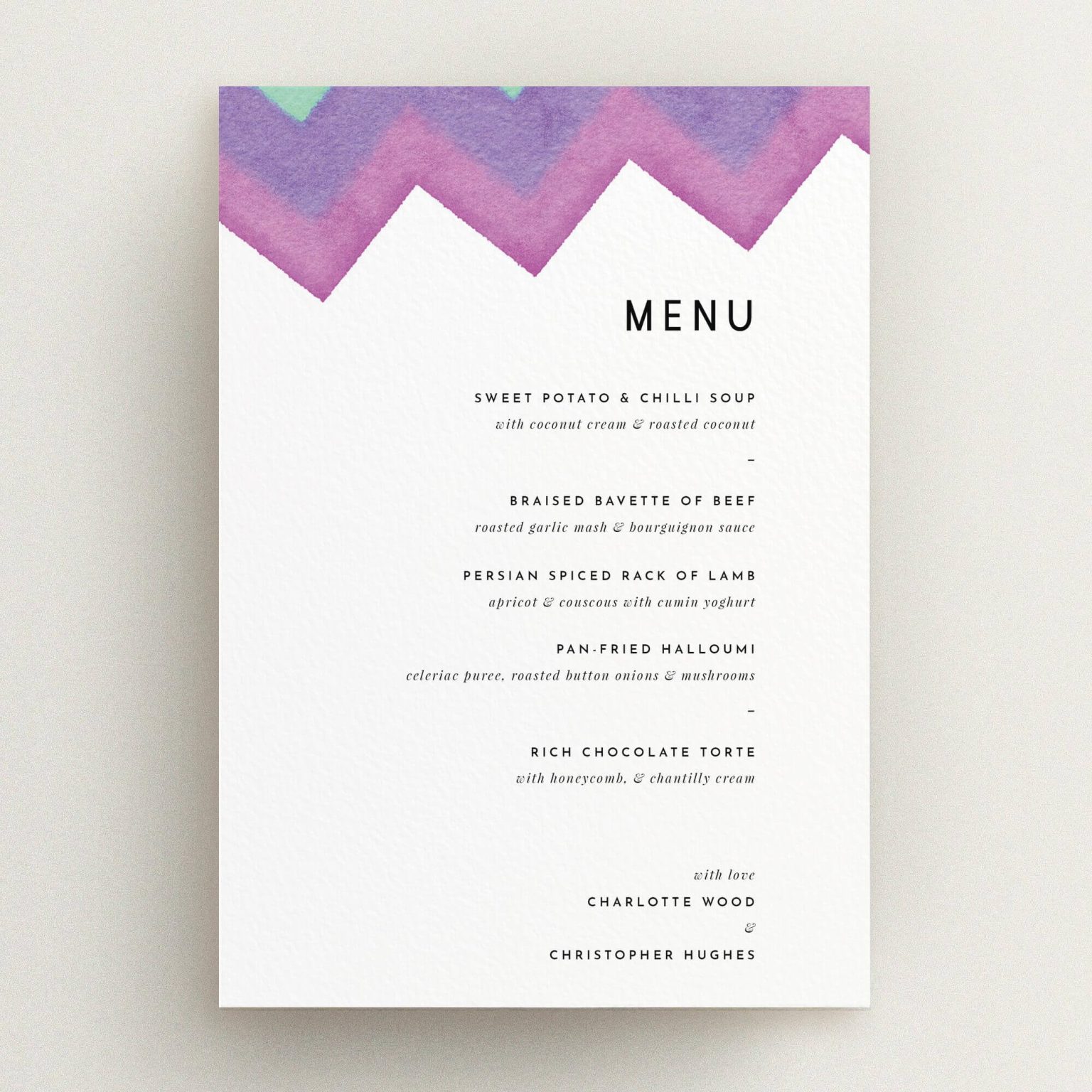 Vibrant Peaks in Wedding Menu Cards