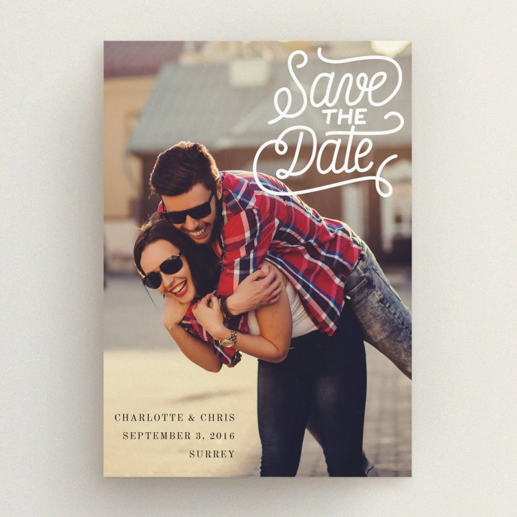 Curly Typography Photo in Wedding Save The Date Cards